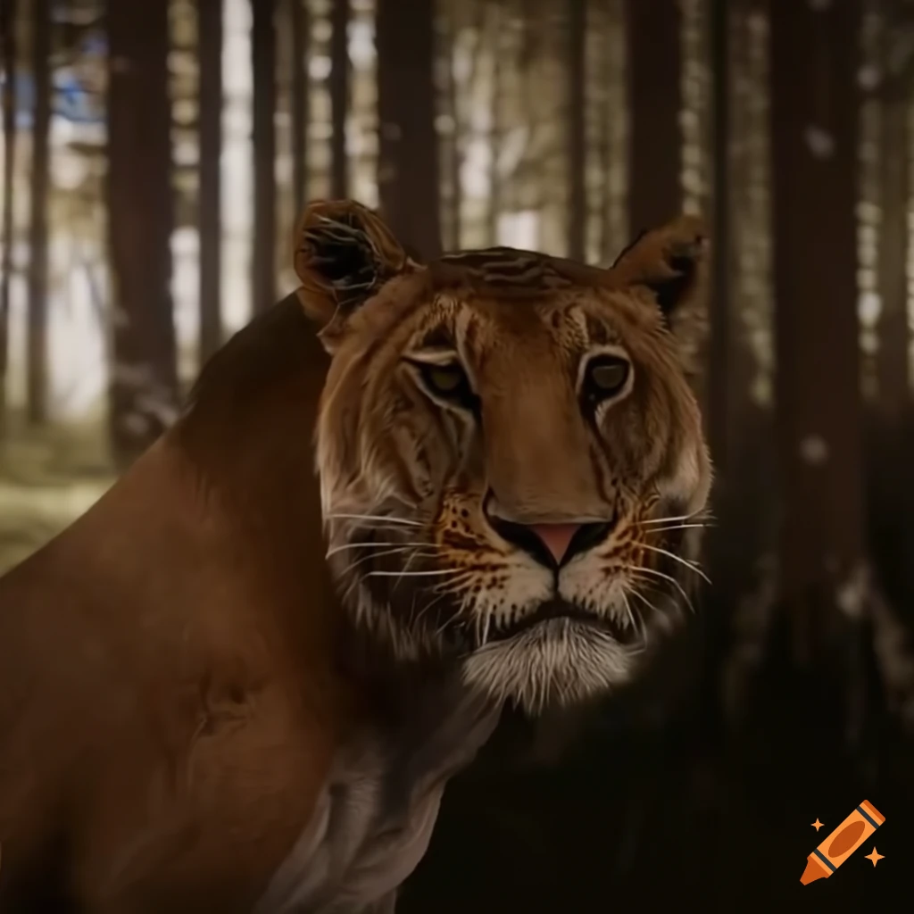 Portrait of a brown liger in a snowy forest