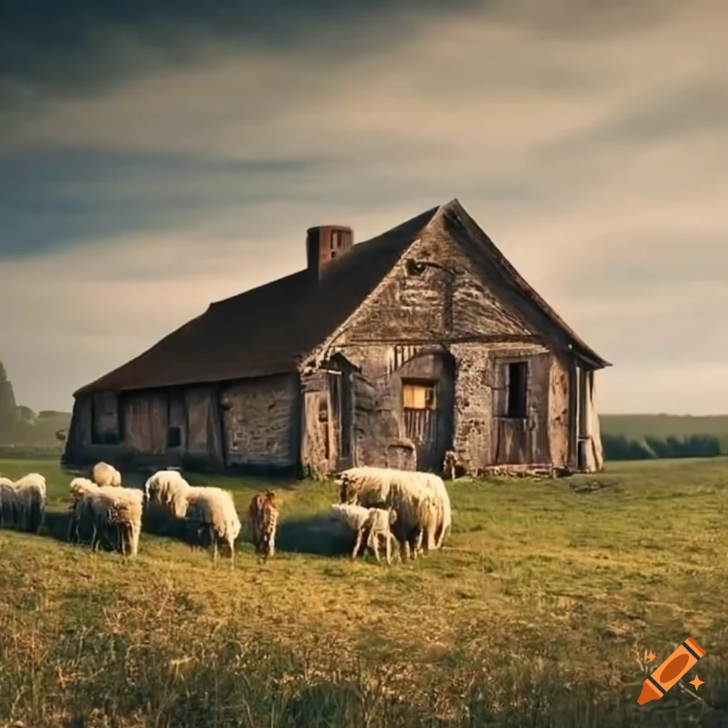 Medieval farmhouse surrounded by sheep in a field on Craiyon
