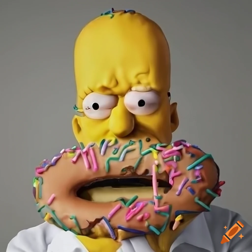 Hyper realistic sculpture of homer simpson made of donuts on Craiyon