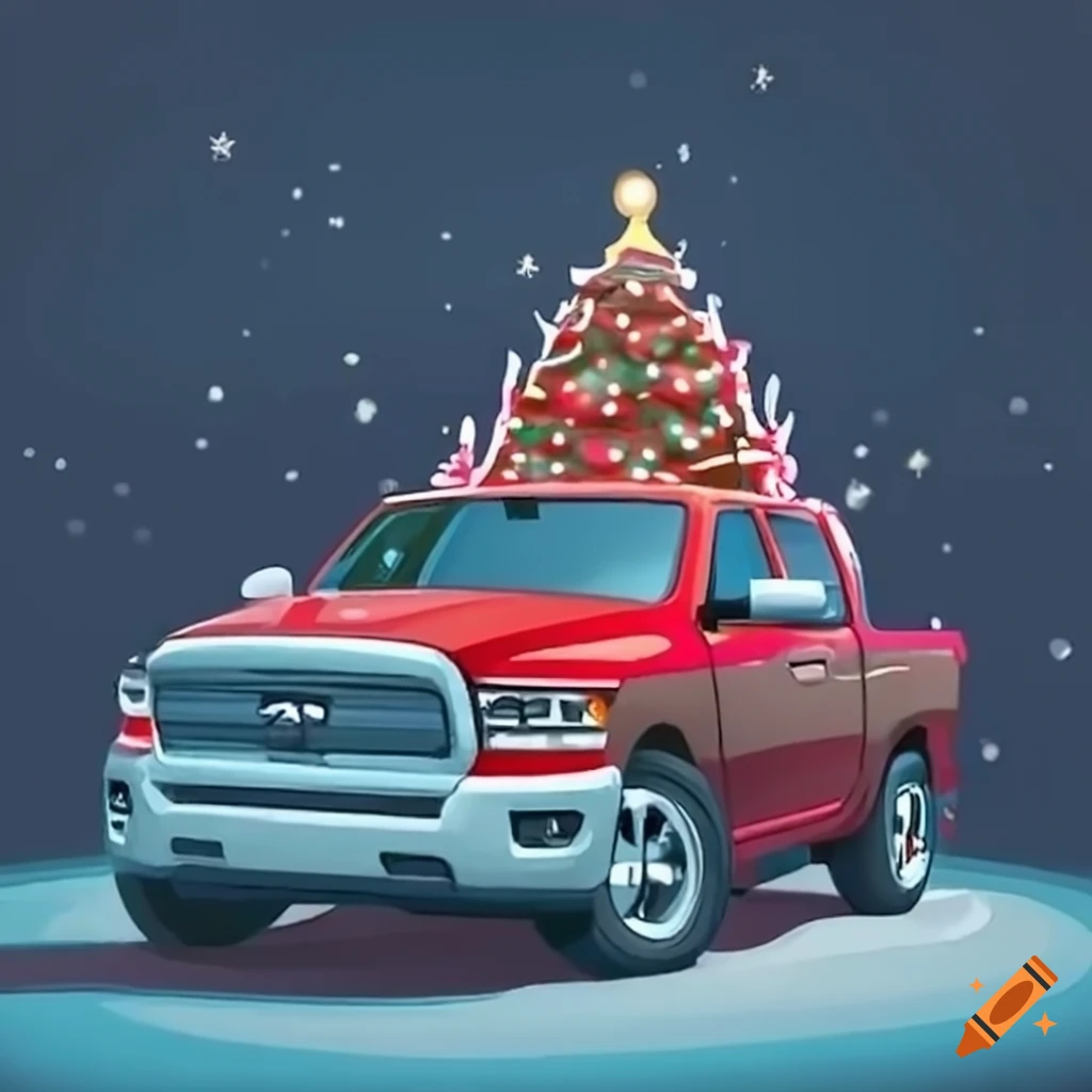 Cartoon ram 1500 driving to a decorated christmas house on Craiyon