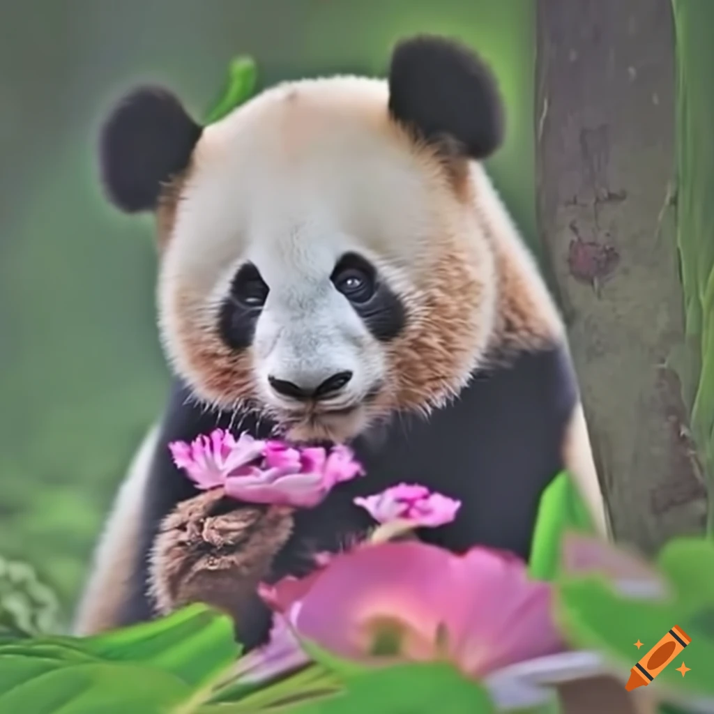 Panda touching a pink flower on Craiyon