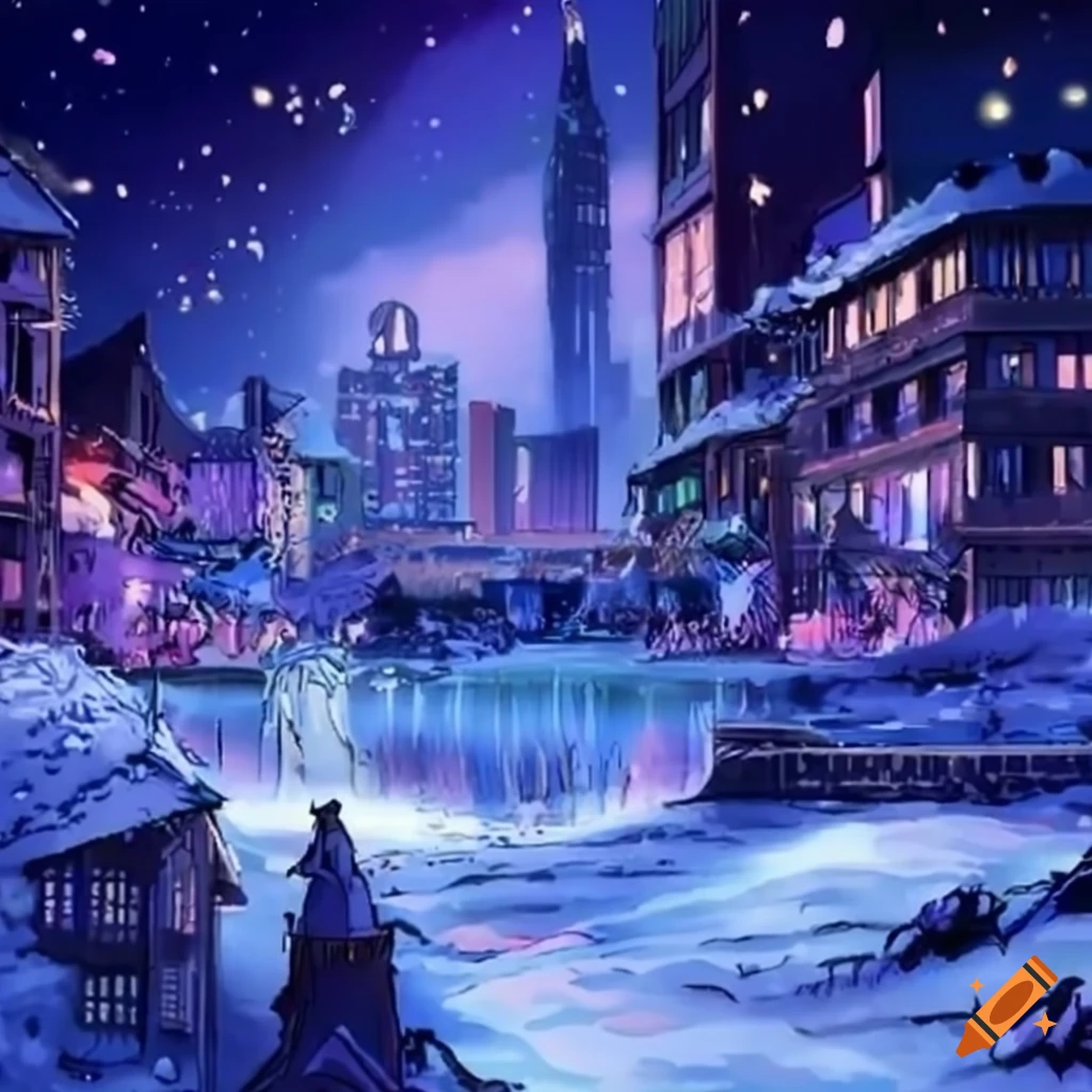 Anime cartoon snowy city