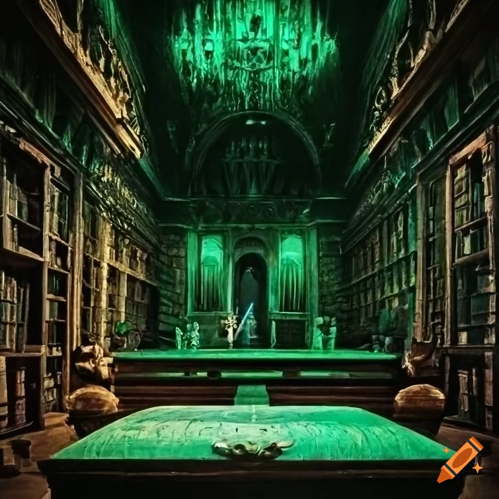 Stone statues with book, sword, and flask in a dark library with magic mirror on Craiyon