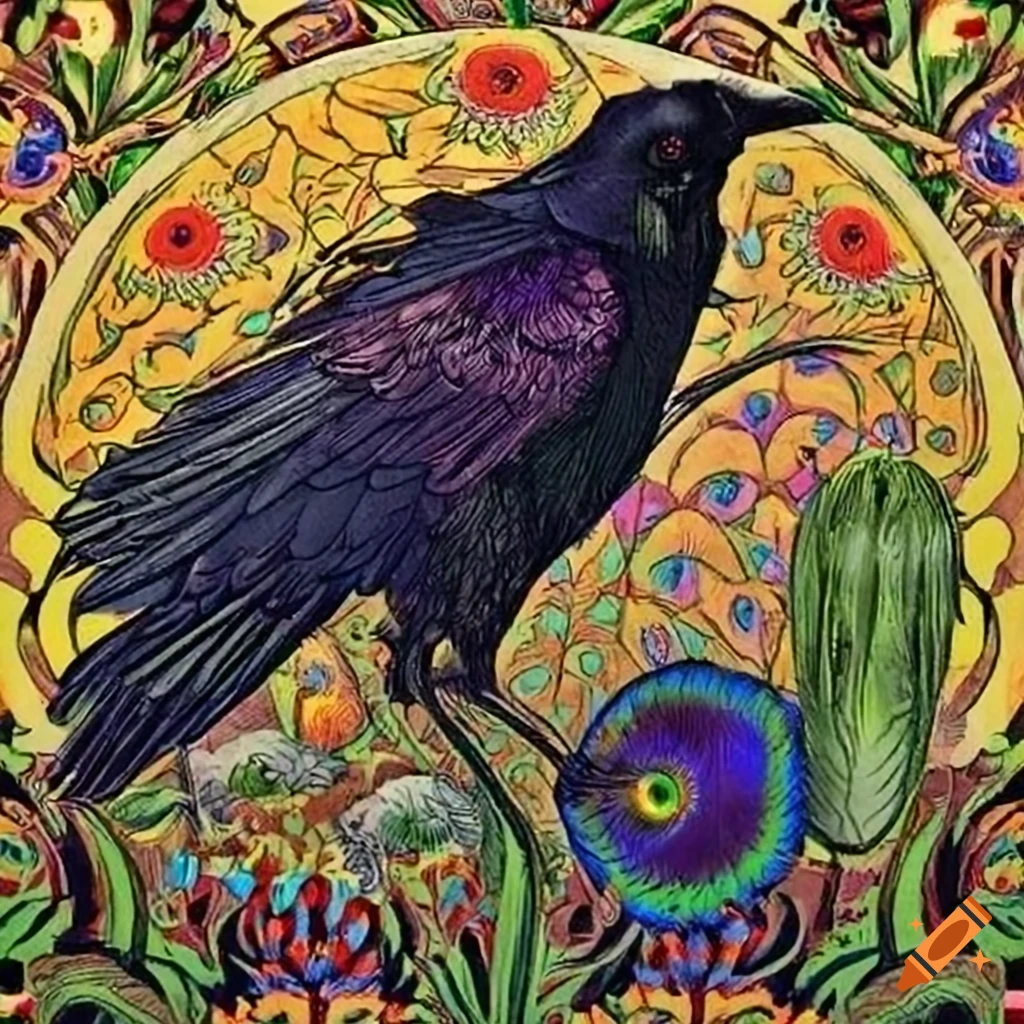 Storybook illustration of a black raven in a colorful cloak on Craiyon