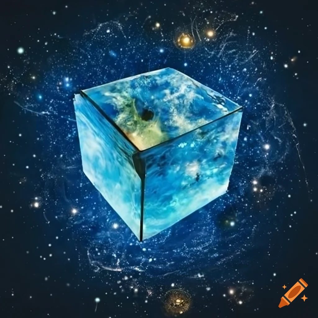 Glass cube with a blue nebula in a colorful background on Craiyon