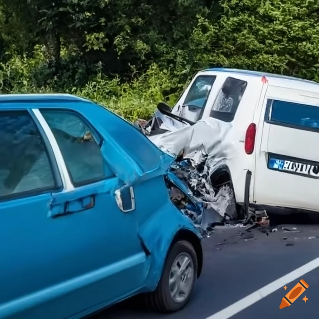Car crash between a white van and a light blue small car on Craiyon