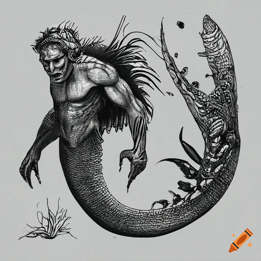 Detailed etching of a prehistoric deep sea merman on Craiyon