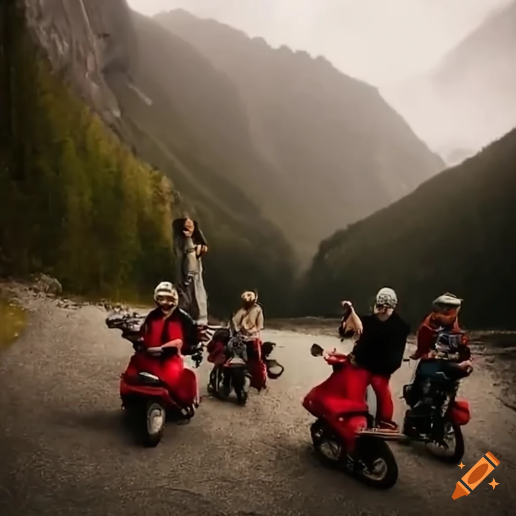 Friends riding mopeds along beautiful mountains