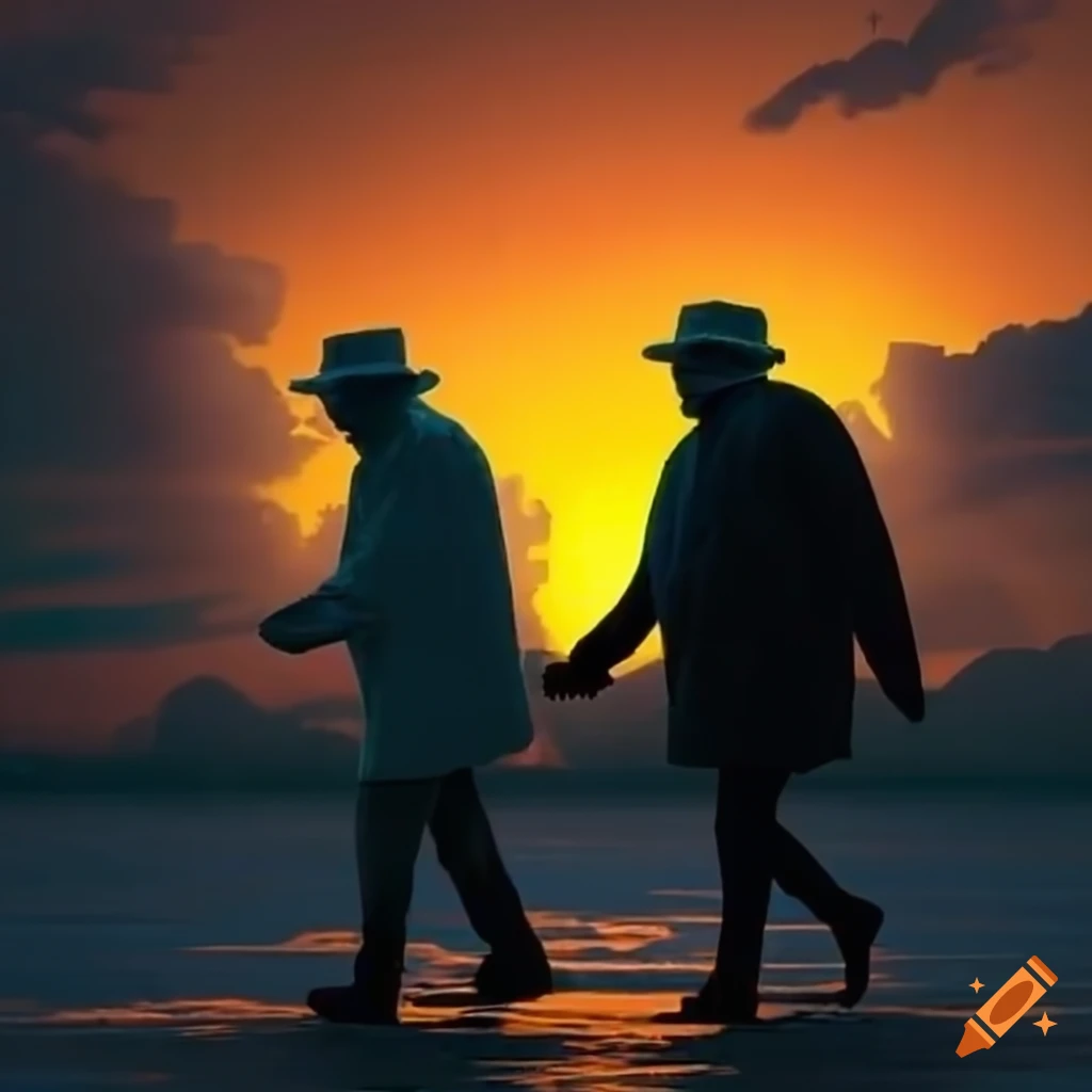 Two senior citizens walking towards a sunset on Craiyon