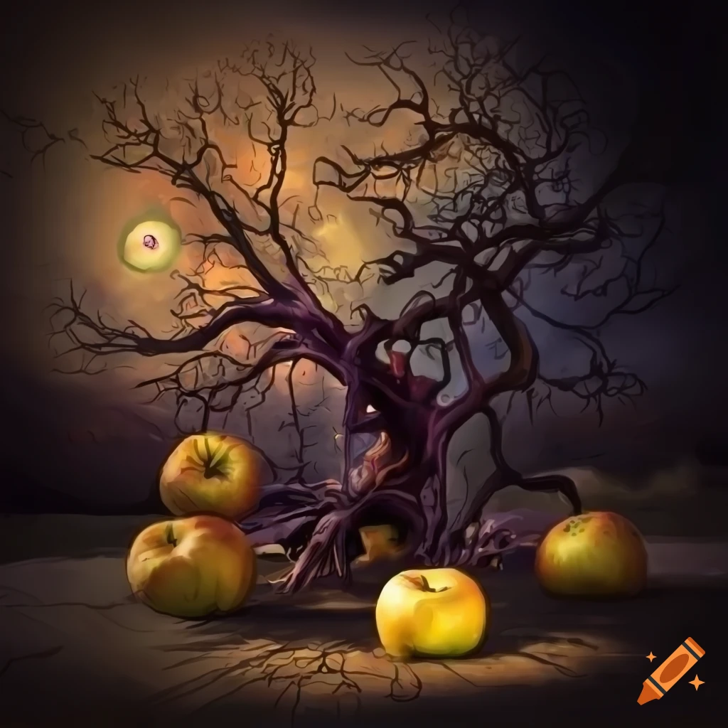 Rotten apples with mystical particles and occult symbols in the ...