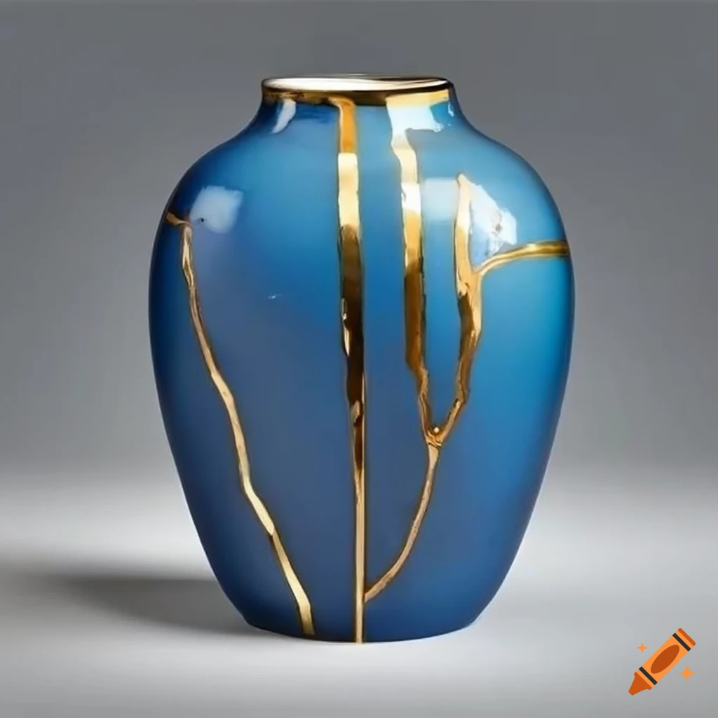 Kintsugi vase with blue and gold colors on Craiyon