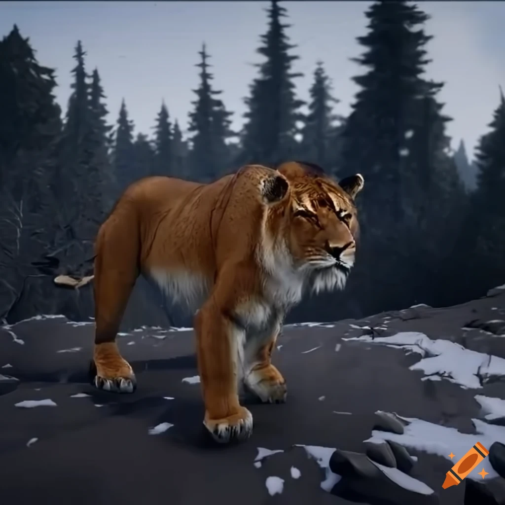 Winter landscape with a brown liger in taiga forest on Craiyon