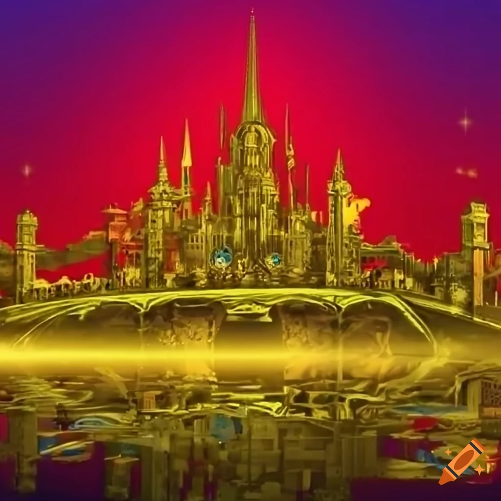 Golden fantasy city with red and gold lights on Craiyon