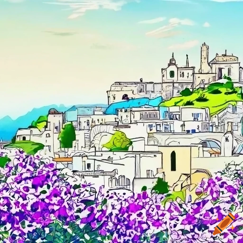 Coloring book illustration of puglia landscapes