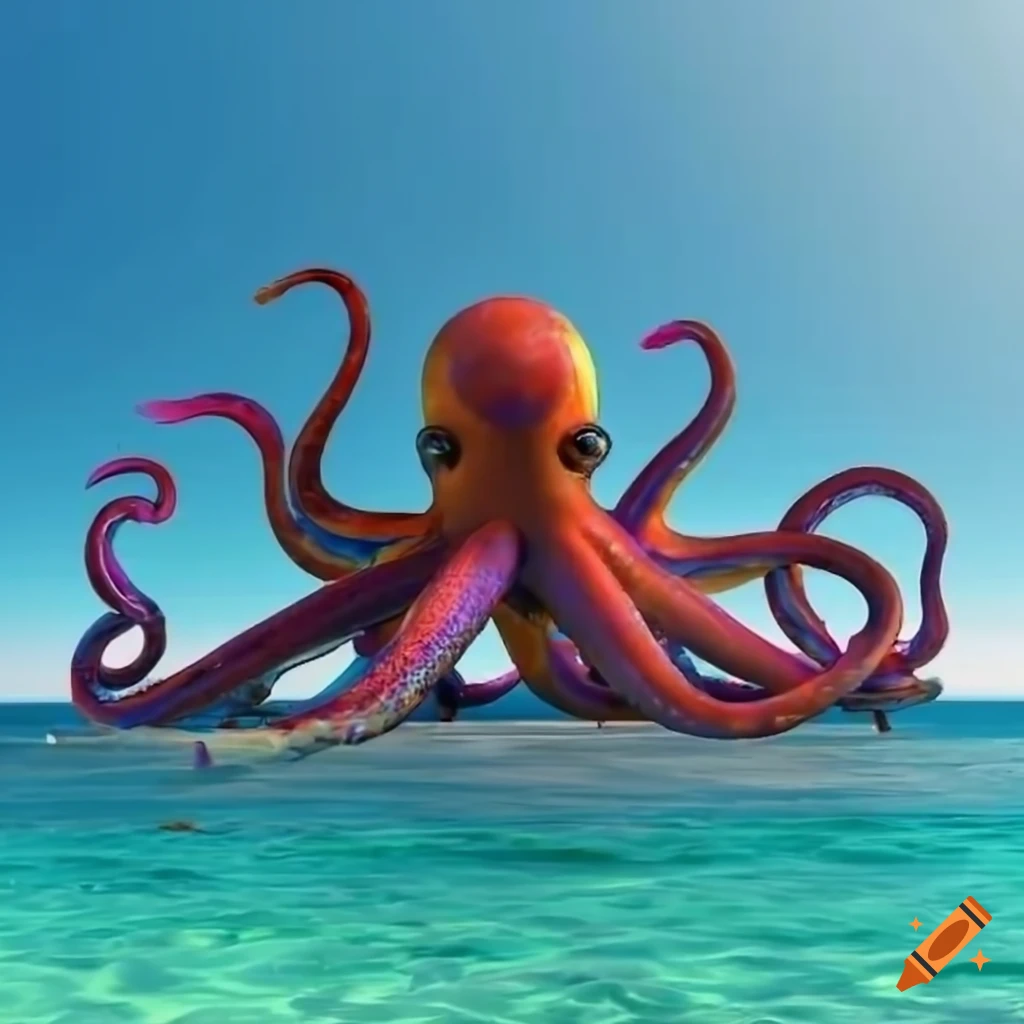 3d rendering of a colorful kraken at the beach
