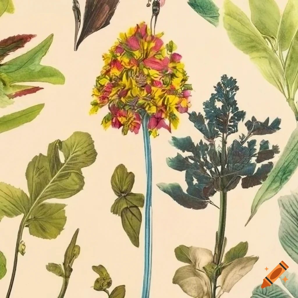 Medieval style botanical drawings of vegetables with herb names on ...