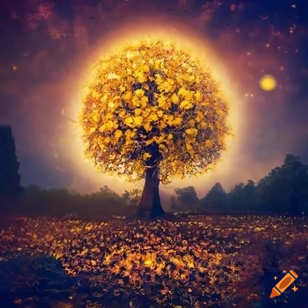 Celestial blossom oak tree with glowing silver and gold leaves in a ...