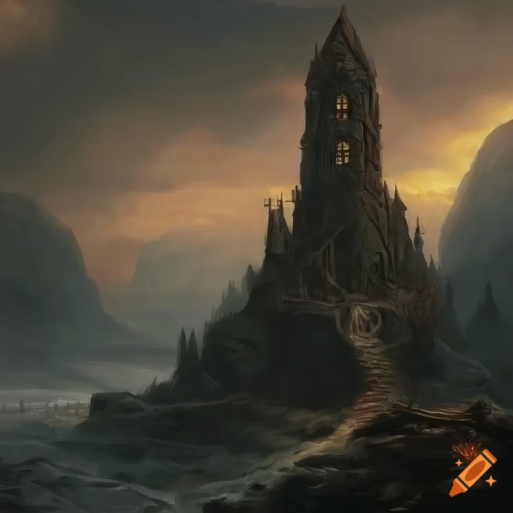 Painting of a dark wizards tower in a mountain range on Craiyon