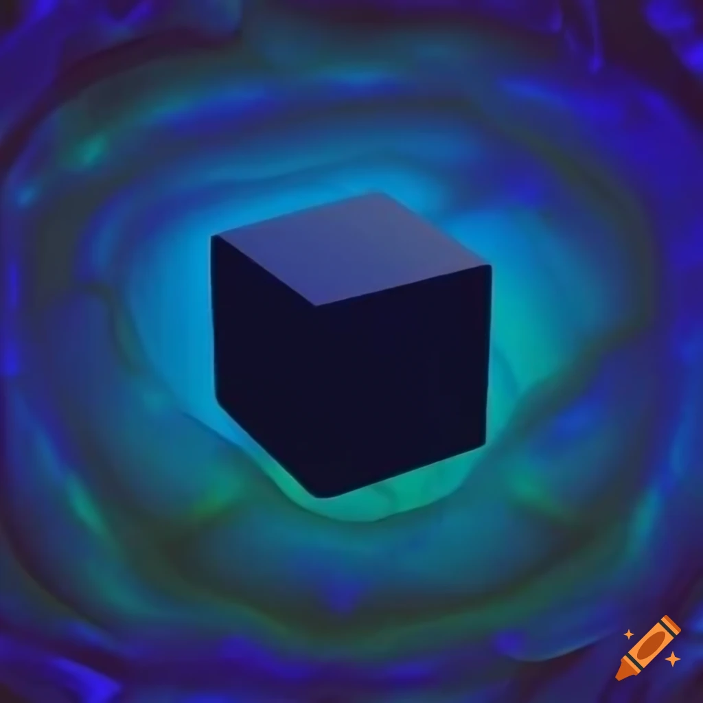 Abstract art of a dark blue cube on pale blue background
