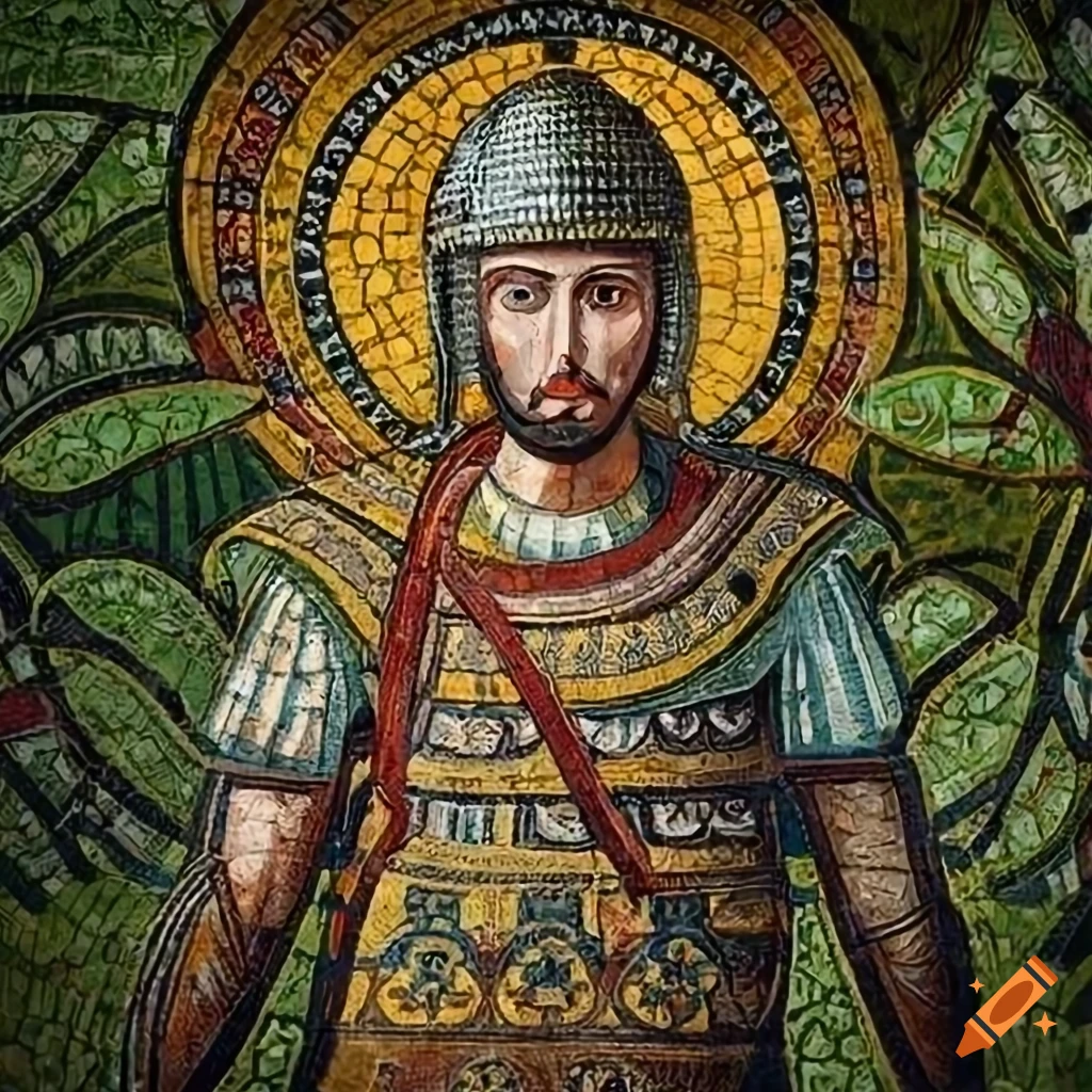 Byzantine soldier in a jungle depicted in mosaic style on Craiyon
