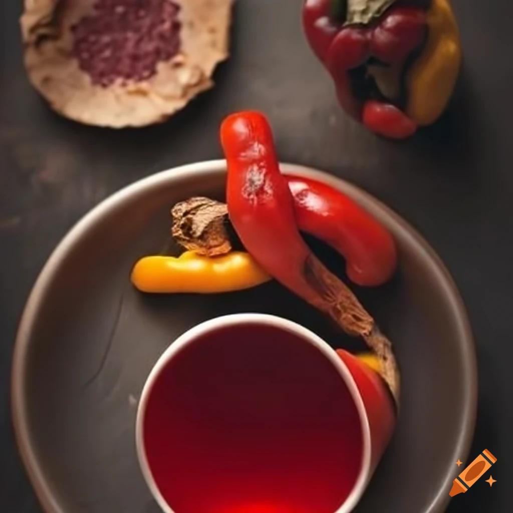 Close-up of a rotten bell pepper and a cup of red tea on Craiyon