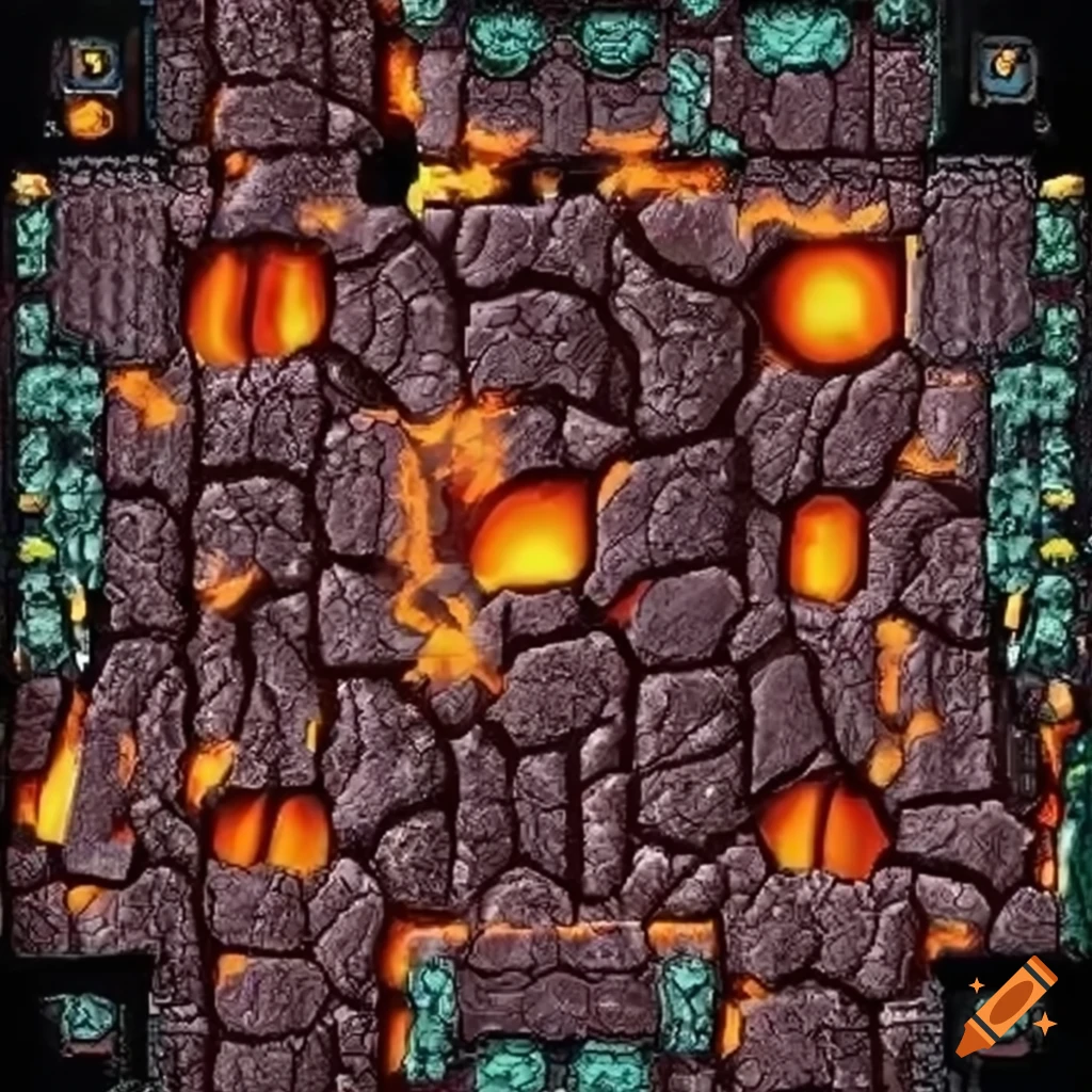 Pixel art platform tiles in a lava themed level on Craiyon