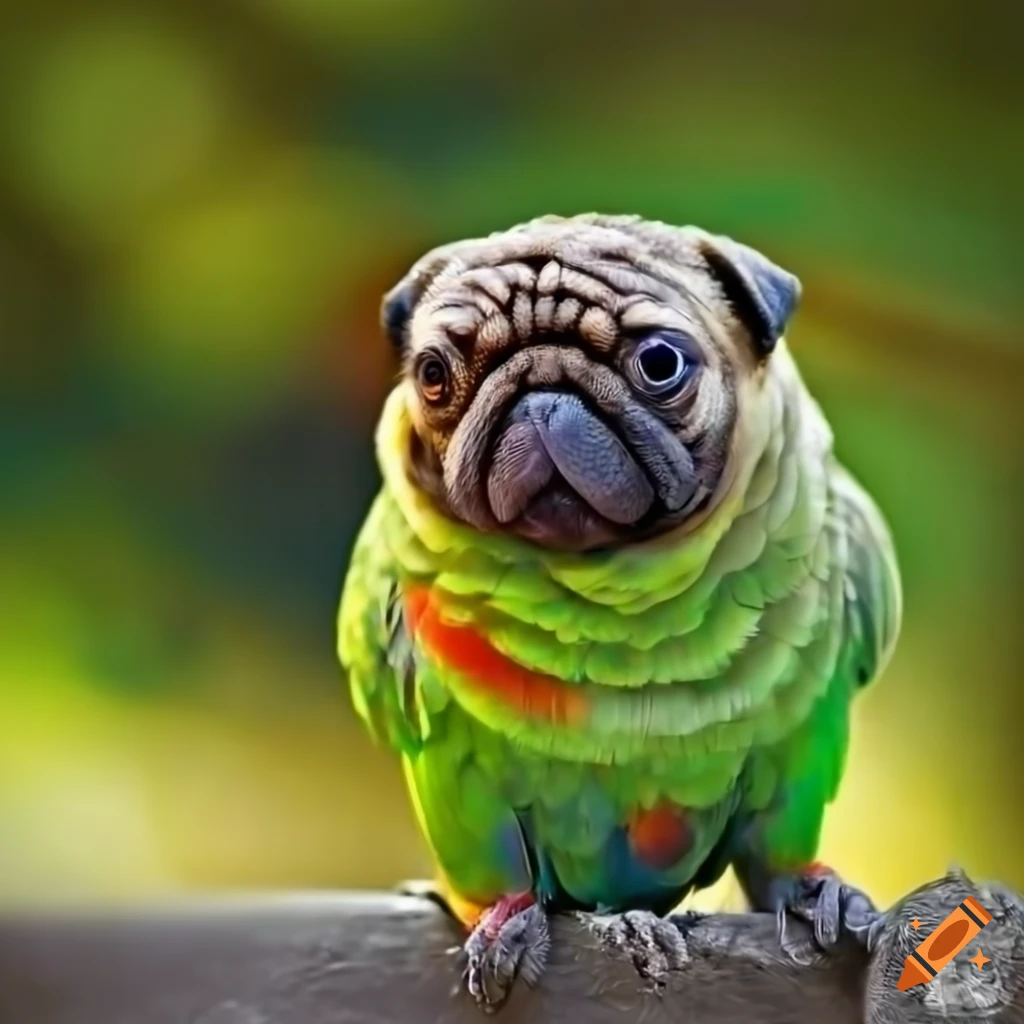 Photorealistic pug-parrot hybrid photo on Craiyon