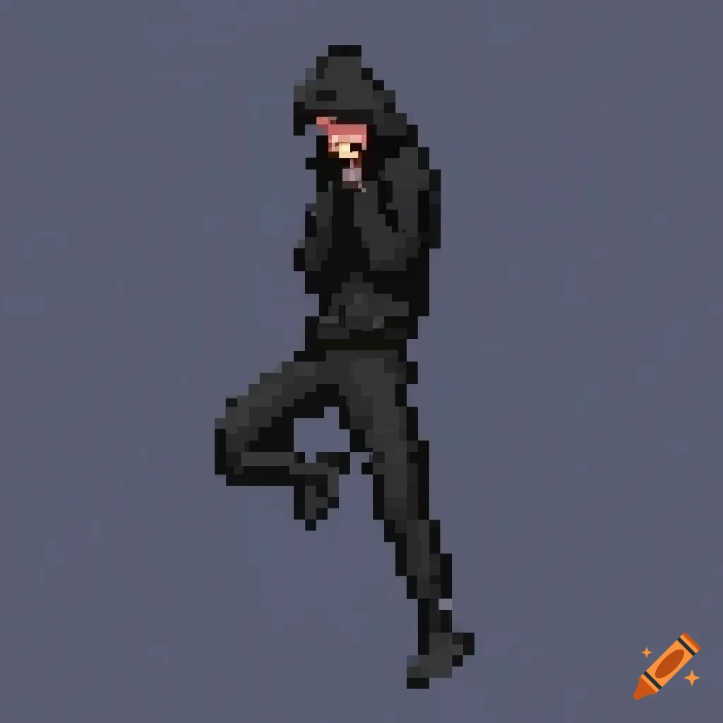 Video game sprite of a woman in a black outfit holding a gun in side ...