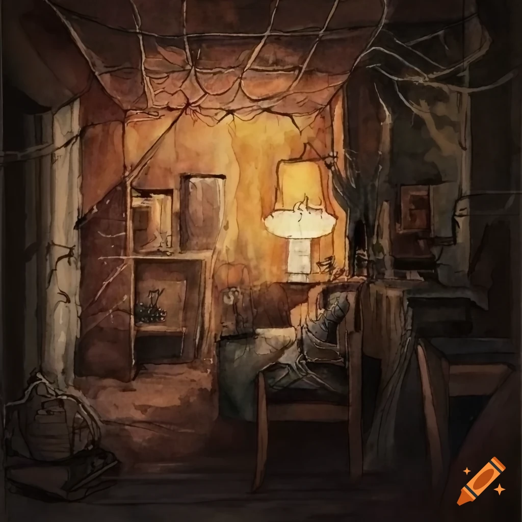 Watercolor of a spooky rustic living room on Craiyon