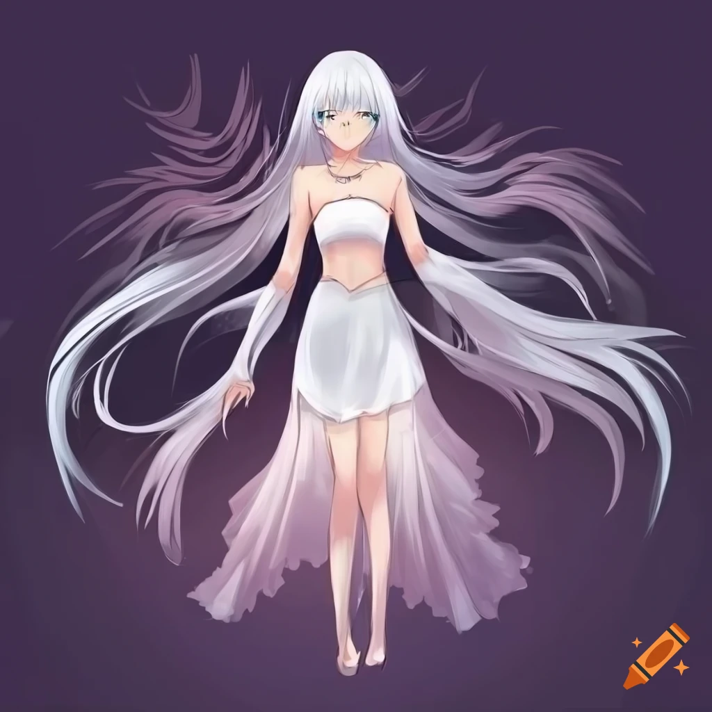 Illustration of a graceful anime girl with long white hair on Craiyon