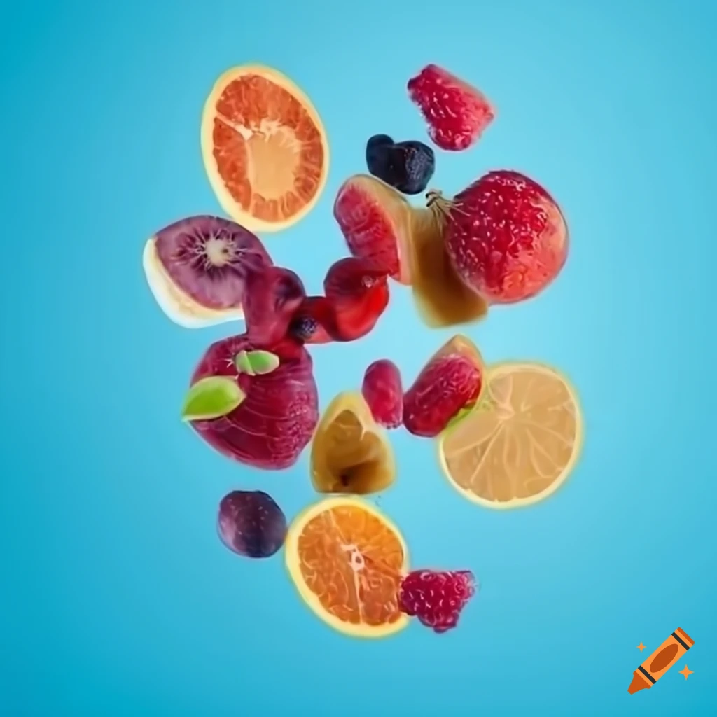 Colorful exotic fruits floating in a blue pool on Craiyon