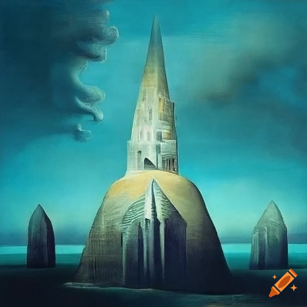 Surreal cityscape with strange creatures and cloud structures on Craiyon