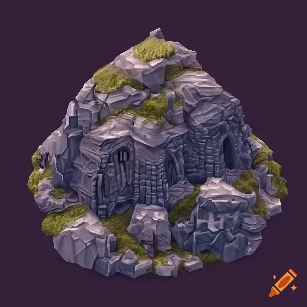 Overhead view of a moss-covered stone forest ruins in a fantasy rpg game on Craiyon