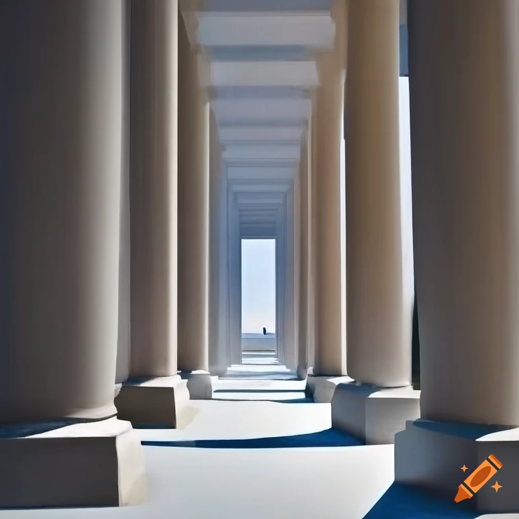 Modern abstract flat composition of a colonnade against the ocean on ...