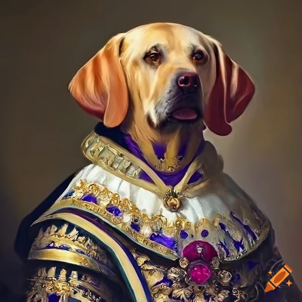 Oil portrait of a regal yellow labrador in majestic attire on Craiyon