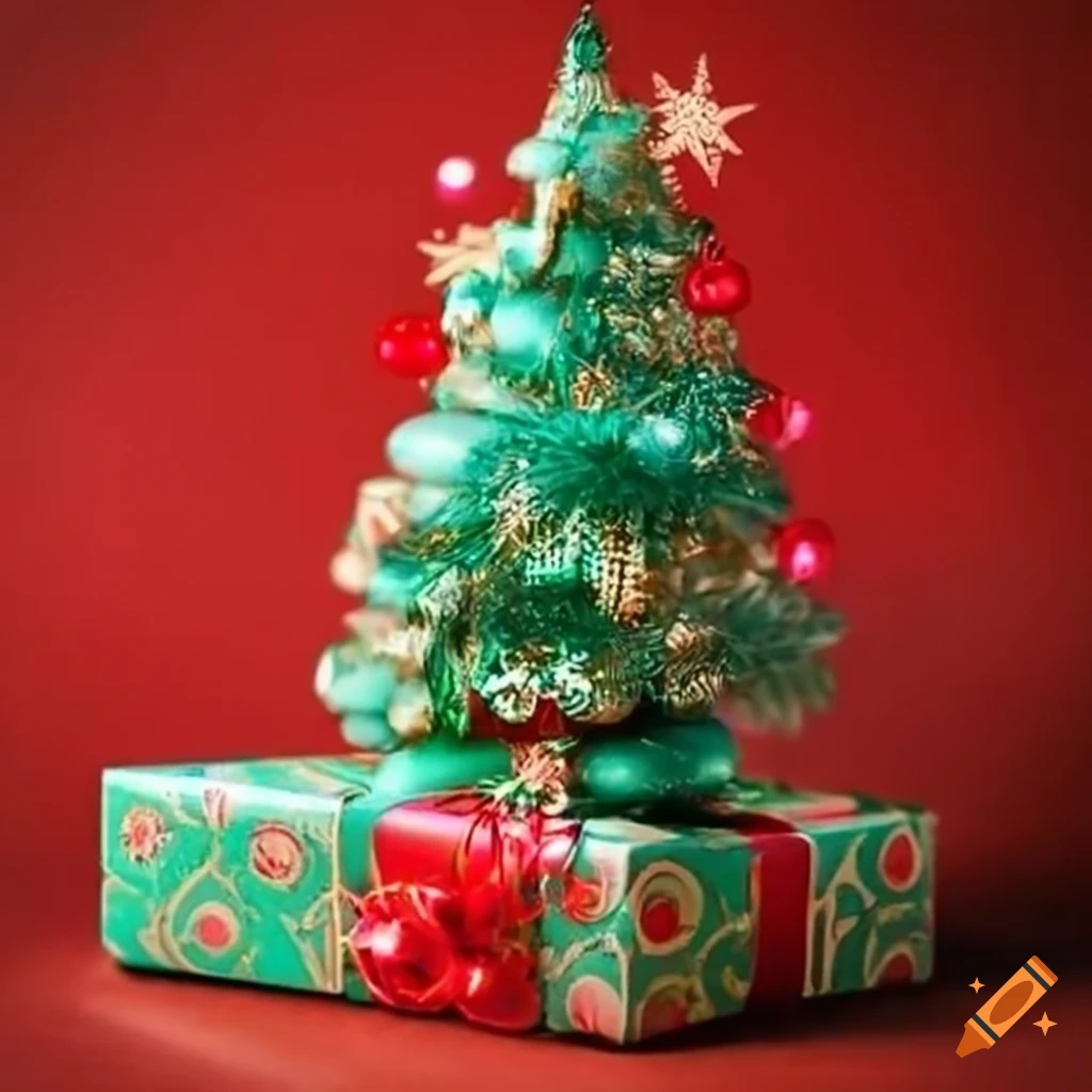 Vintage ornaments with Christmas gift wrapped box on Craiyon