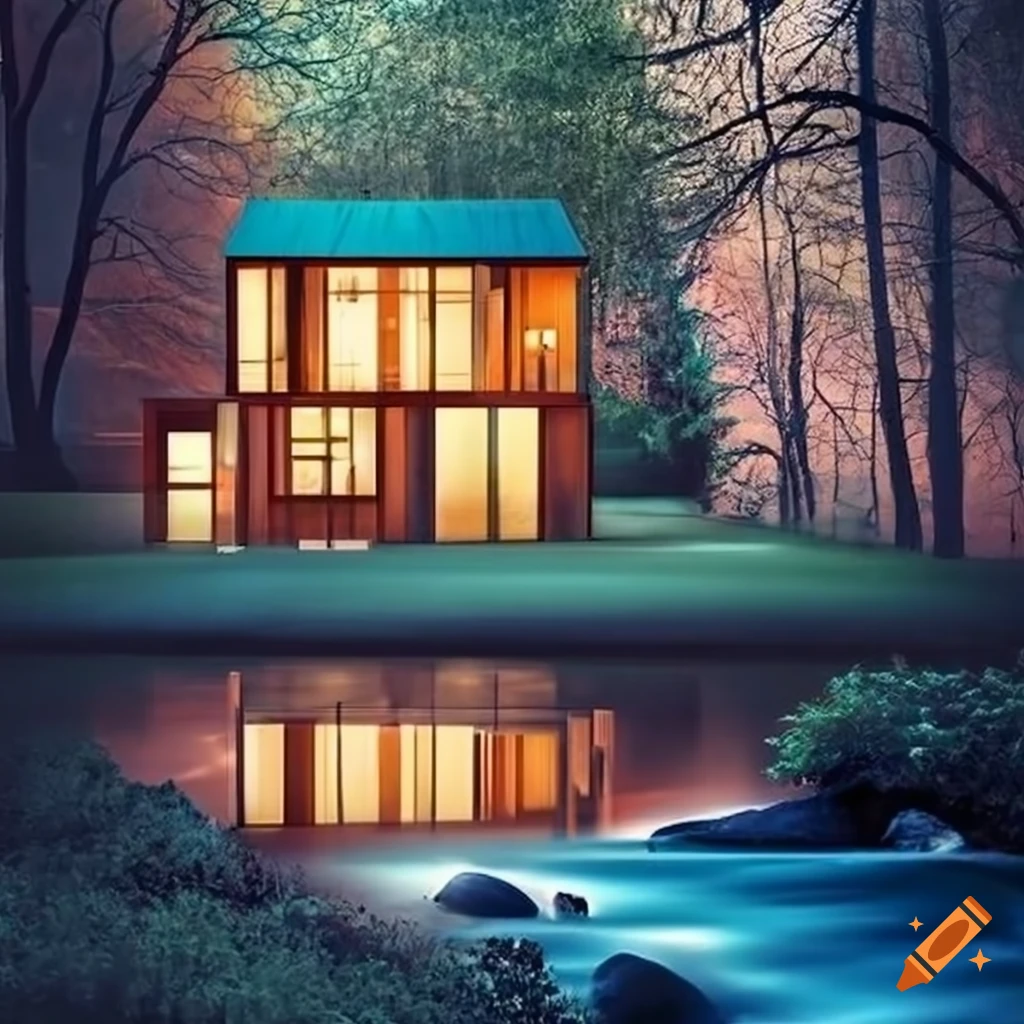 Beautiful house in a scenic city with a river on Craiyon