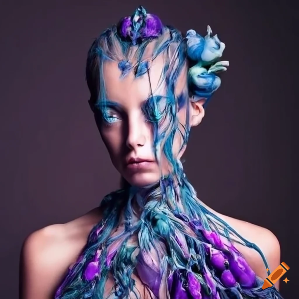 Woman with fruit and vegetable hair sculpture