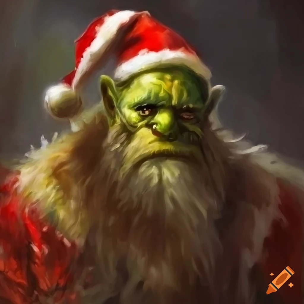 Oil painting of an ogre dressed as santa claus