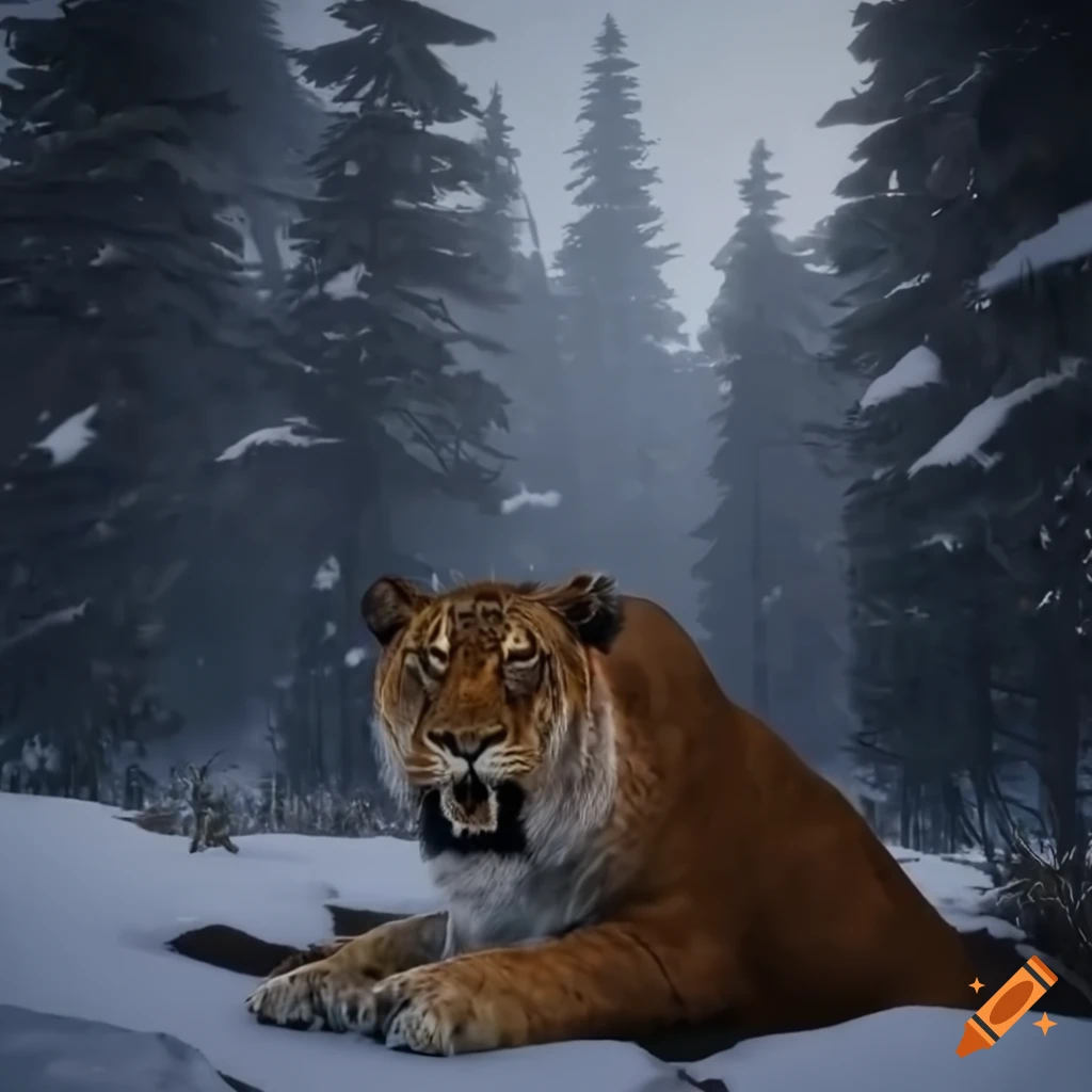 Portrait of a brown liger in a snowy forest