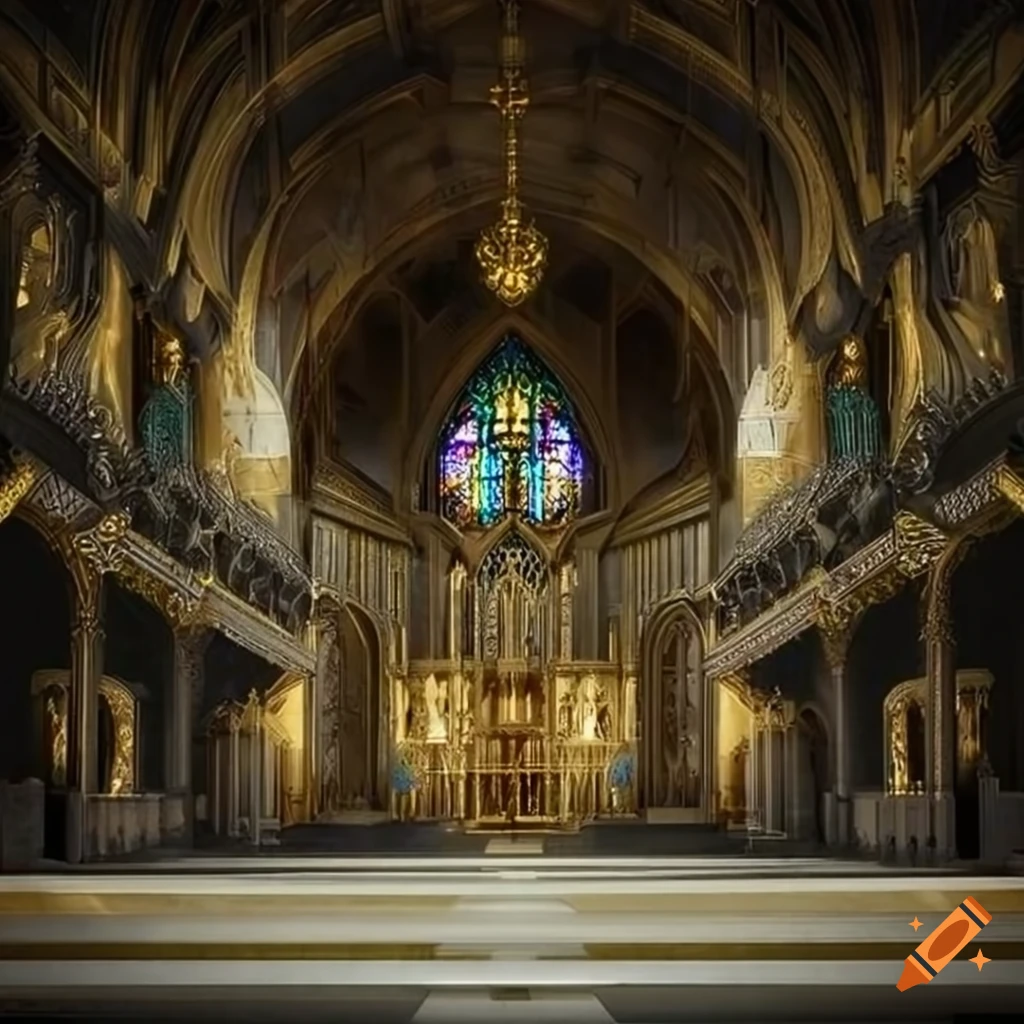 Intricate marble and gold decorations in a fantasy church on Craiyon