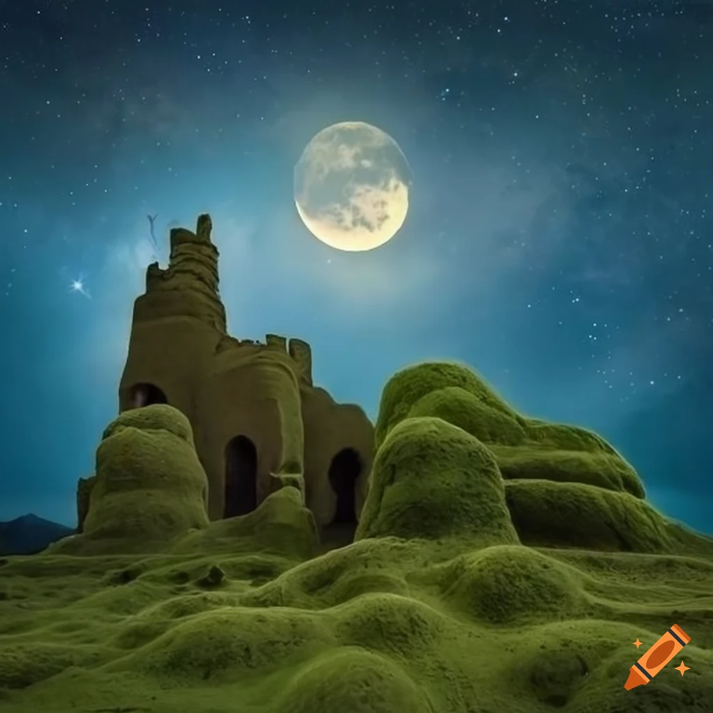 Moss-covered castle with milky way in the background