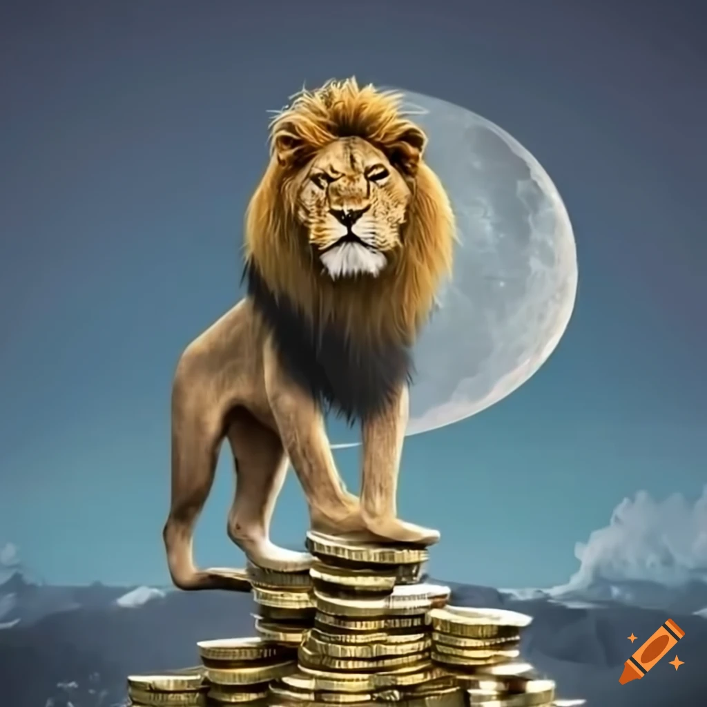 Lion standing on cryptocurrency coins on the moon on Craiyon
