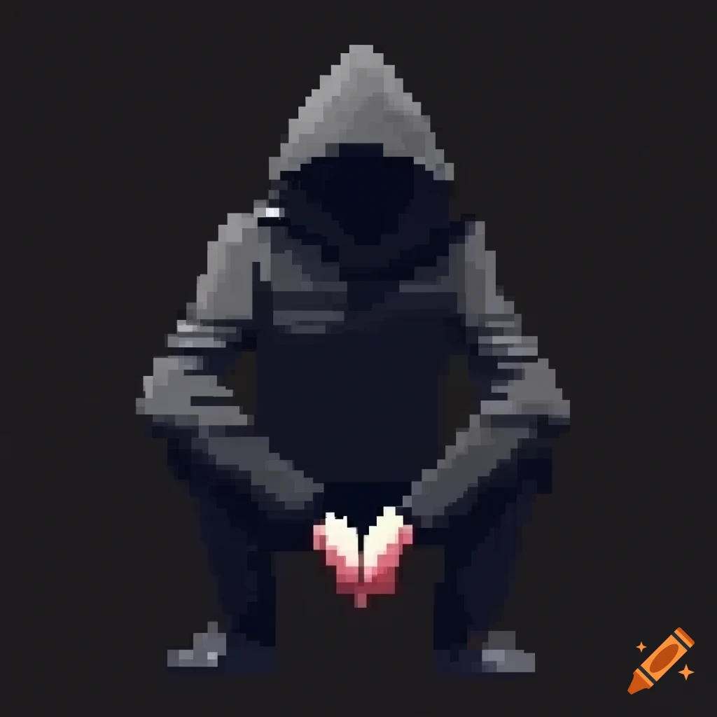 Pixel art of a mysterious man in a dark hoody on Craiyon