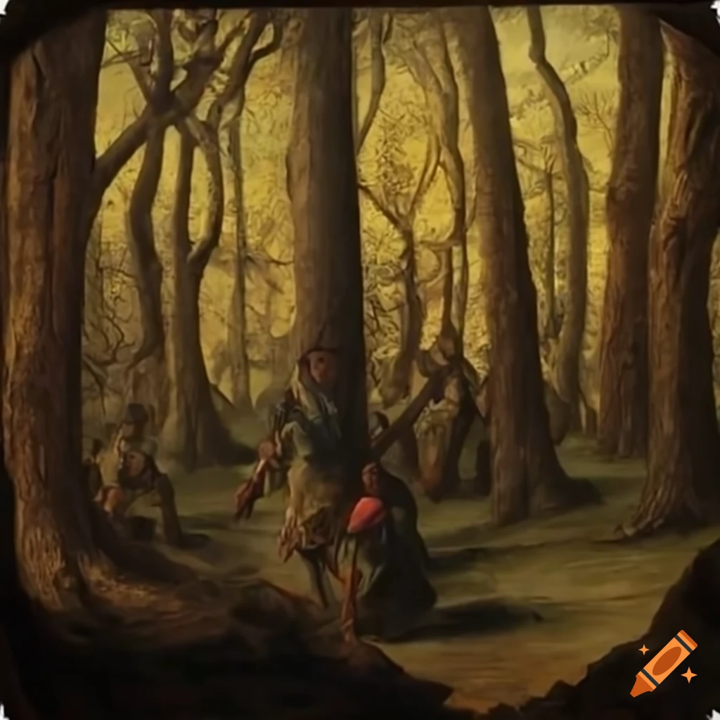 Medieval painting of soldiers in front of a giant forest on Craiyon