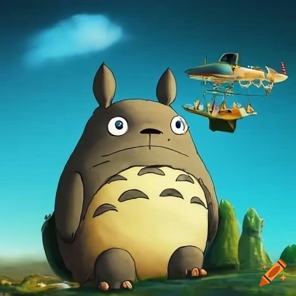 Totoro in a plane cockpit, flying over a city