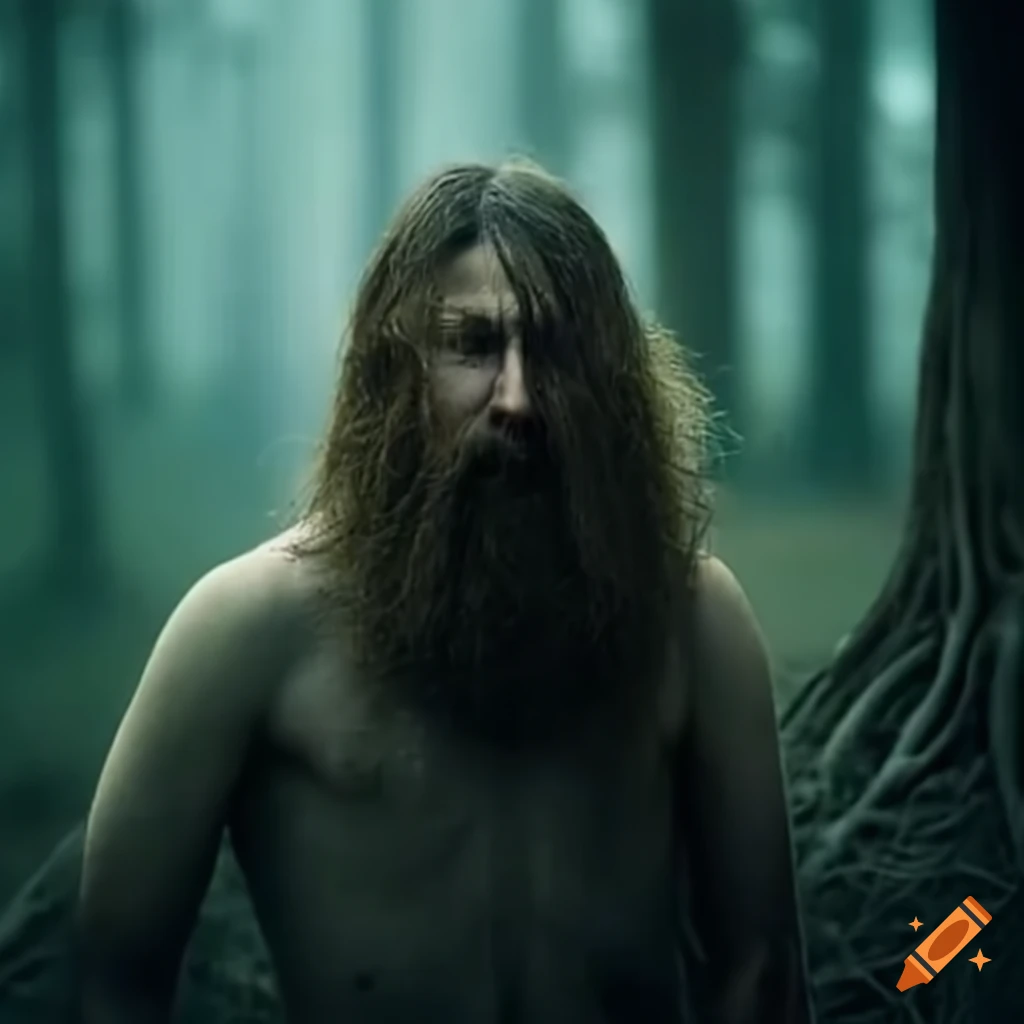Artwork of a man's hair and beard transforming into tree roots