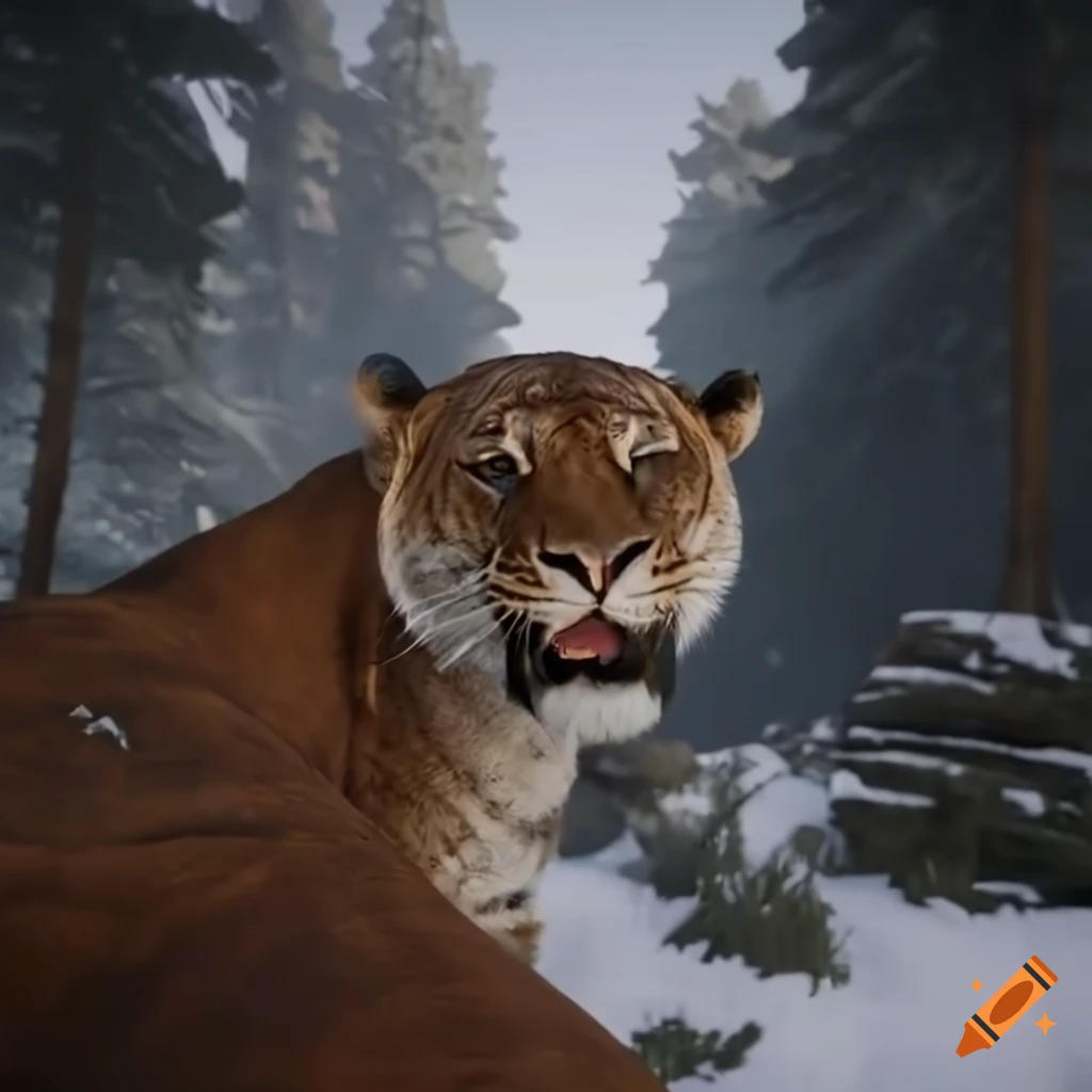 Portrait of a brown liger in a snowy forest