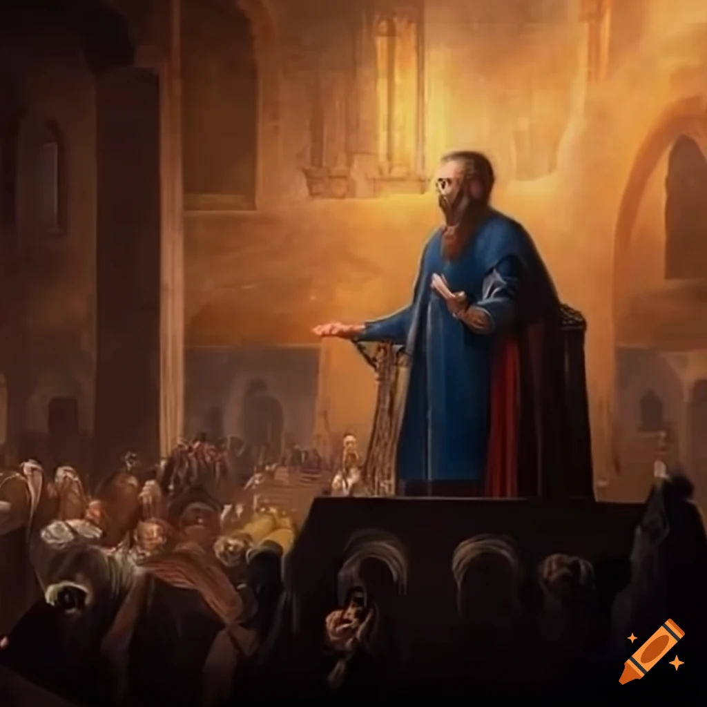 Charismatic leader addressing a massive crowd in a medieval setting on ...