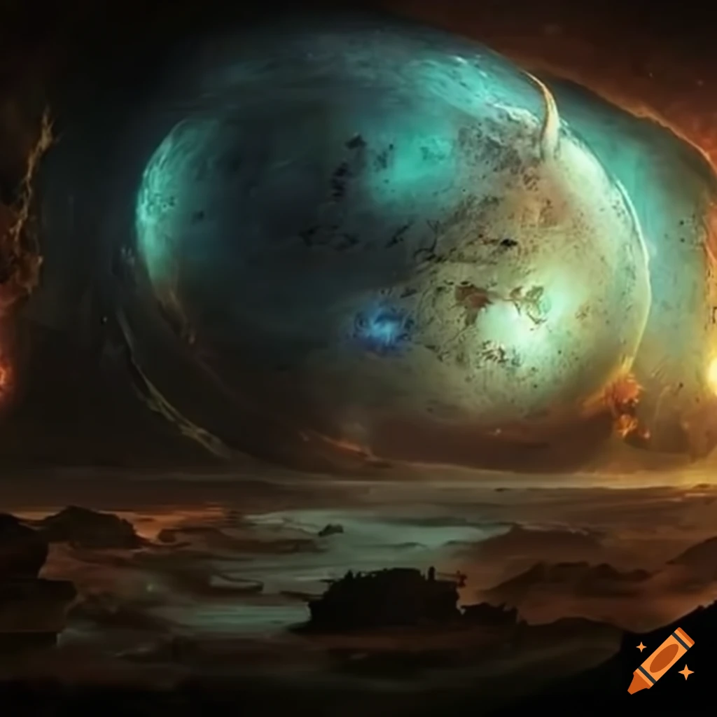 Image of an ancient ship battling cosmic ruins